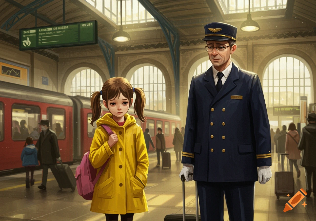 A sad girl in a yellow raincoat stands with a train conductor in a ...