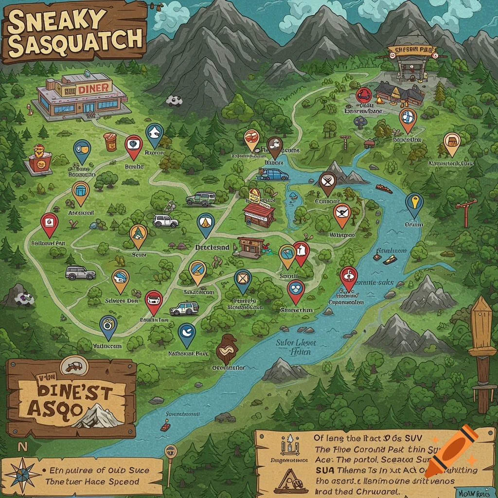 Sneaky Sasquatch SUV locations map with landmarks on Craiyon