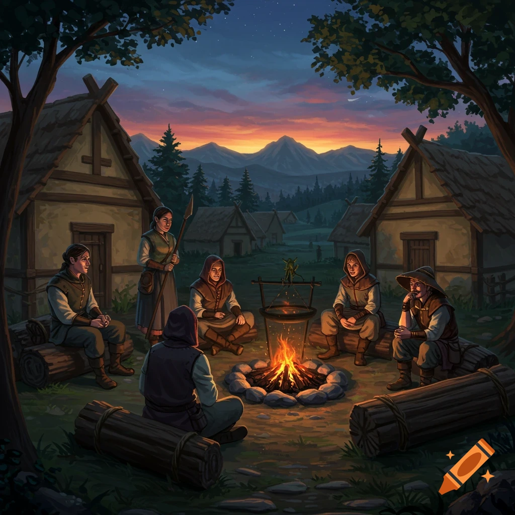 People gather around a campfire in a village at sunset. on Craiyon