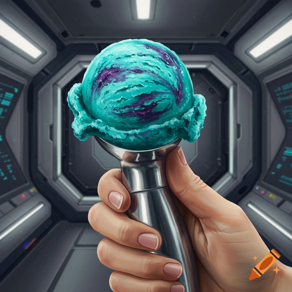 A hand holds a scoop of blue and purple ice cream on a metal scoop in a ...