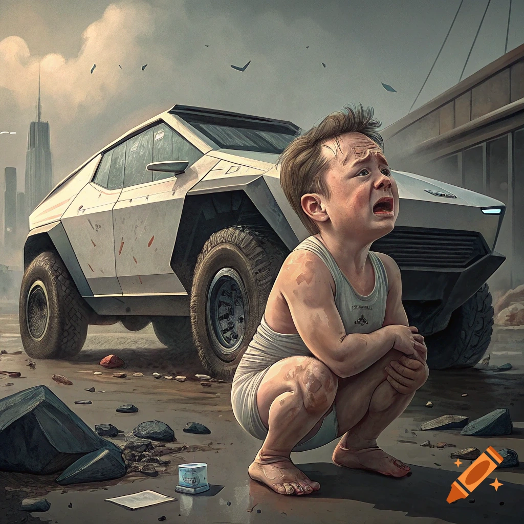 Elon Musk in a diaper crying in front of a broken Cybertruck on Craiyon