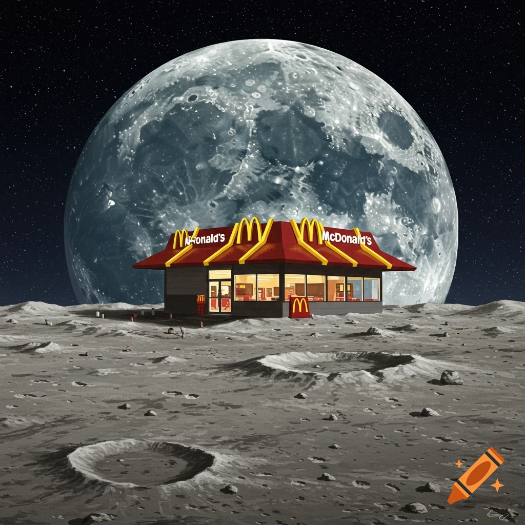 A McDonald's restaurant sits on the grey, cratered surface of the moon under a large full moon ...
