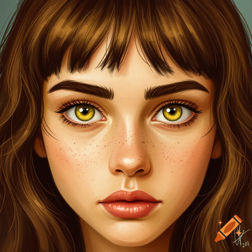 Close-up of a woman's face with yellowish-brown hair and thick eyebrows. on Craiyon