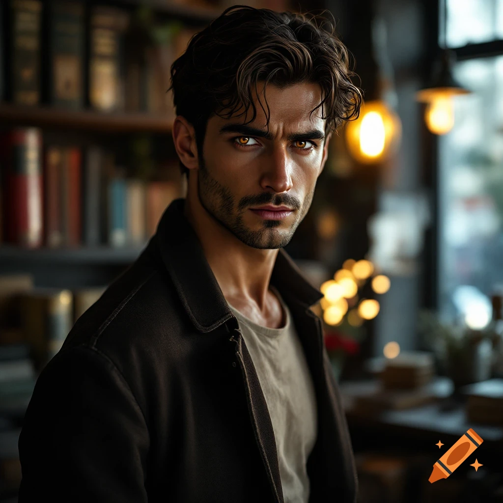 Humanoid male in book shop with anomalies: amber eyes and opalescent ...