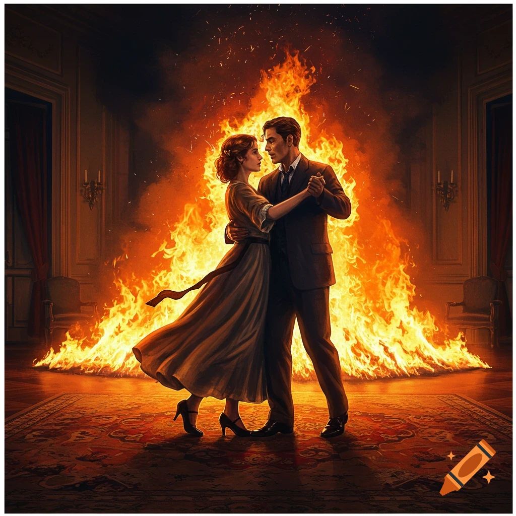 Couple slow dancing in a grand room engulfed in flames. on Craiyon