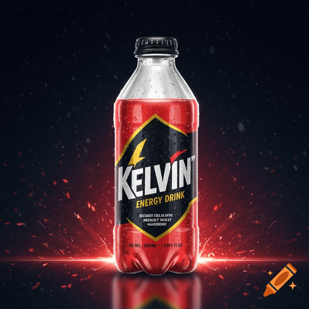 A bottle of red Kelvin energy drink on a dark background with red ...