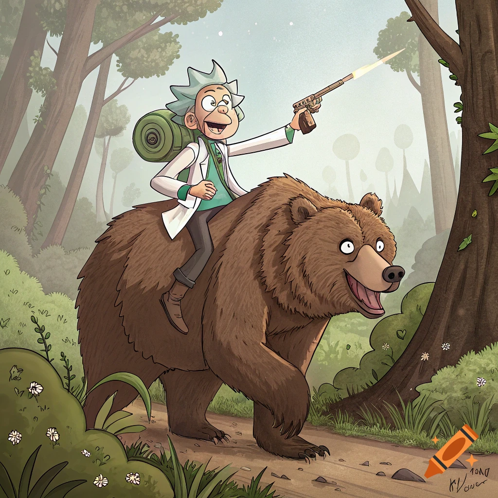 Cartoon illustration of Rick Sanchez riding a bear in a forest, firing ...
