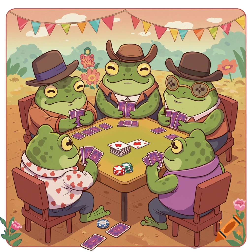 Cartoon frogs in hats play cards at a table. on Craiyon