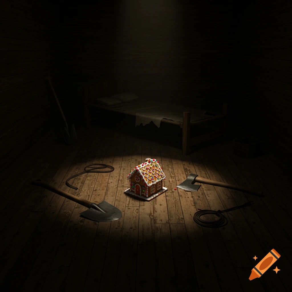 Dark empty room with cot, shovel, axe, whip, and gingerbread house on ...