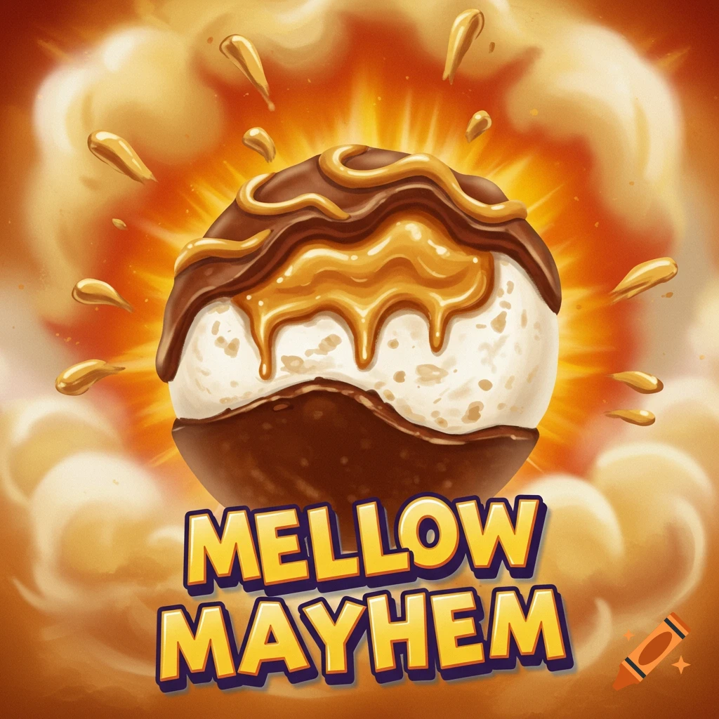 Marshmallow peanut butter bomb with the words Mellow Mayhem on Craiyon