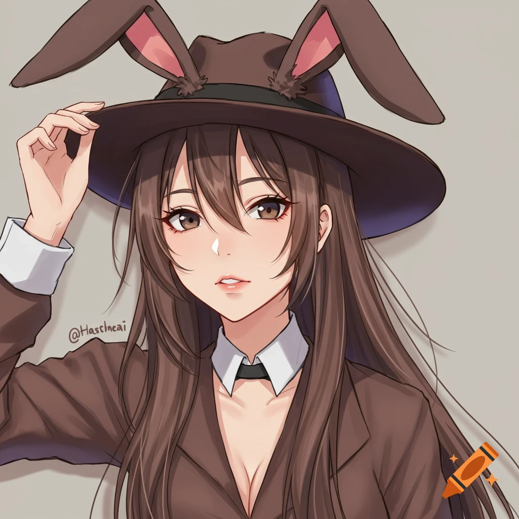 Anime illustration of a woman in a brown suit, fedora with bunny ears ...
