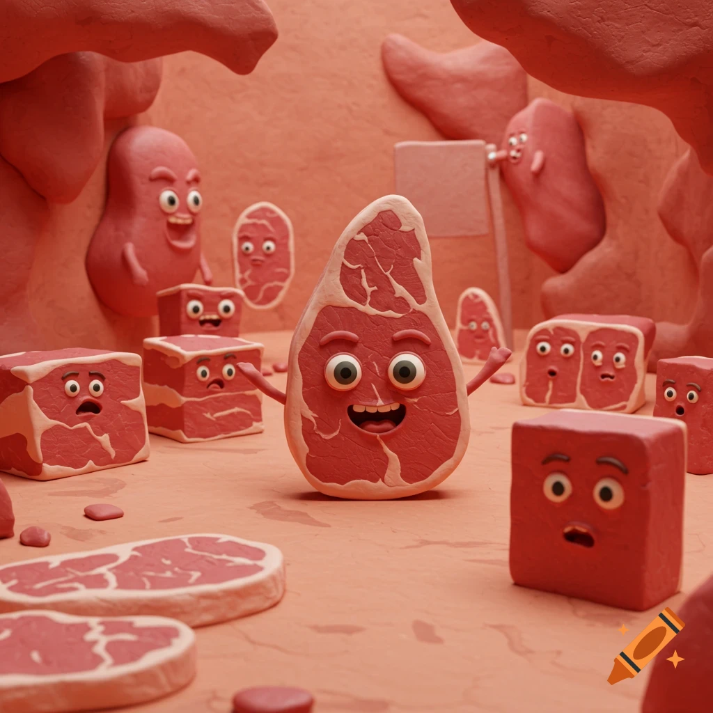 Surreal clay world with expressive meat faces on Craiyon