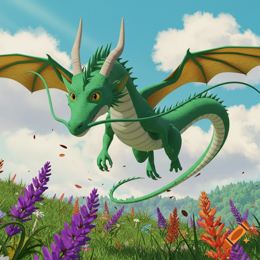 An animated green dragon flies over a field of colorful flowers. on Craiyon