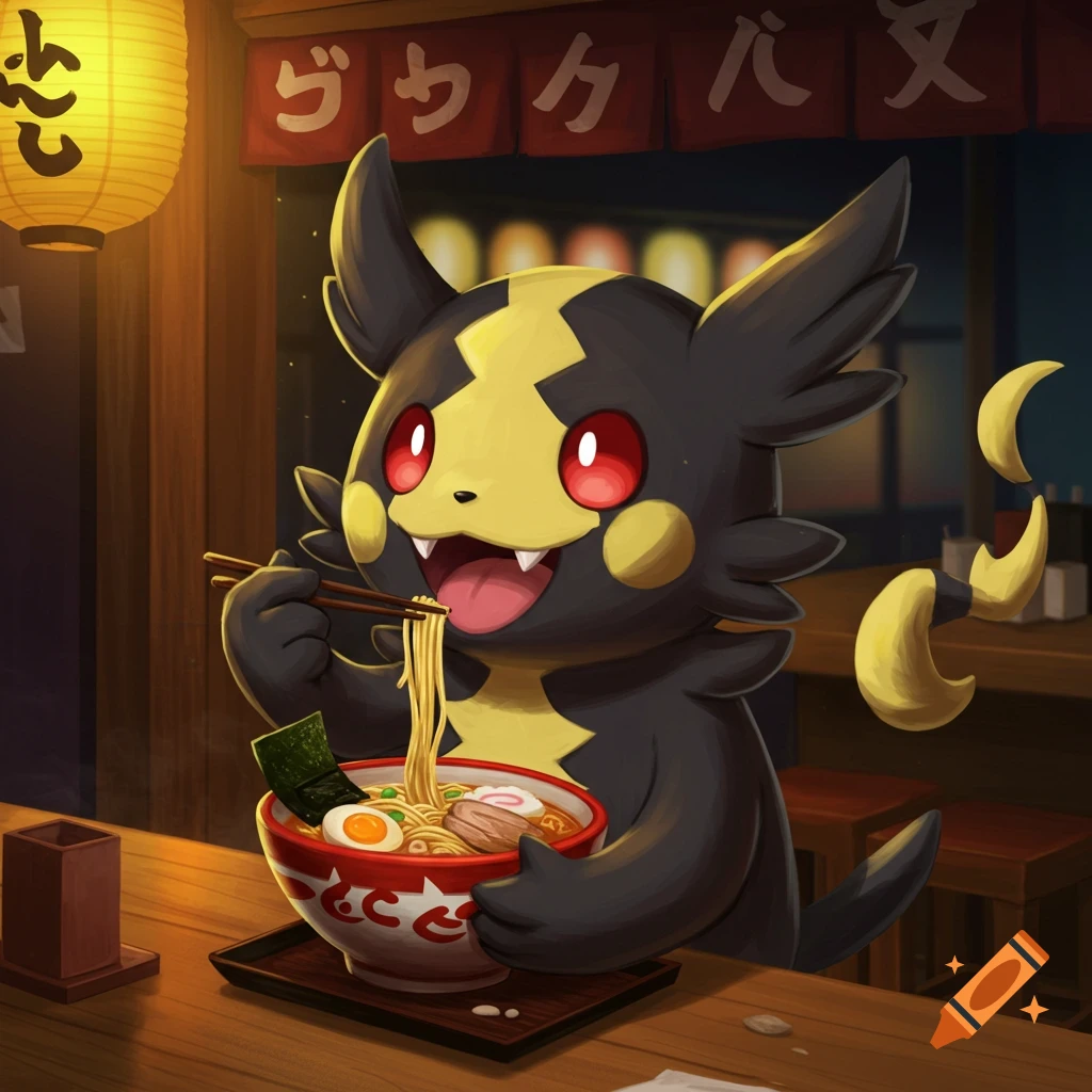Dark-type Morpeko pokemon eating ramen in a shop on Craiyon
