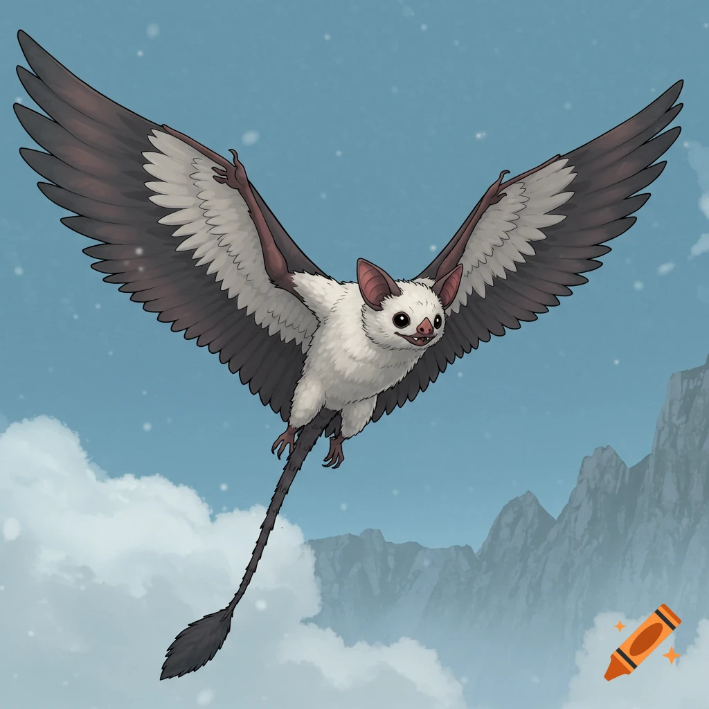 Ghibli-style Frost Glider with fur-coated wings, resembling a bat on ...