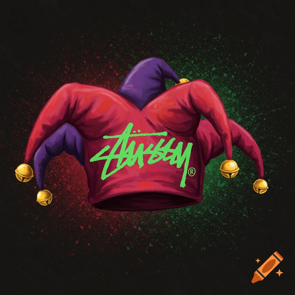 Illustration of a jester head wearing a purple and gold hat with bells ...