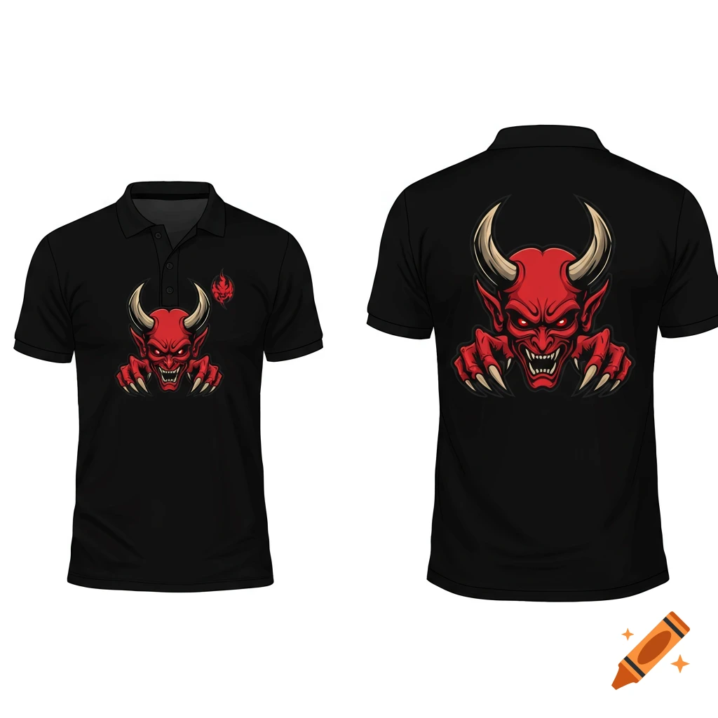 Black polo shirt with a red demon face and claws design on Craiyon