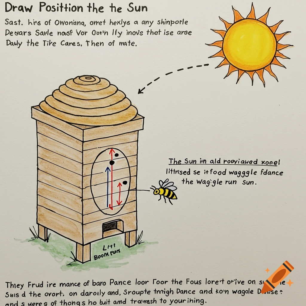 Diagram of bee waggle dance inside hive, sun position on Craiyon