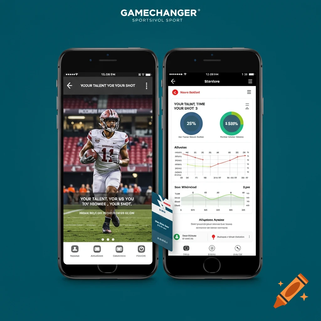 Gamechanger sports recruiting app showing athlete highlights and statistics on two phones. on ...