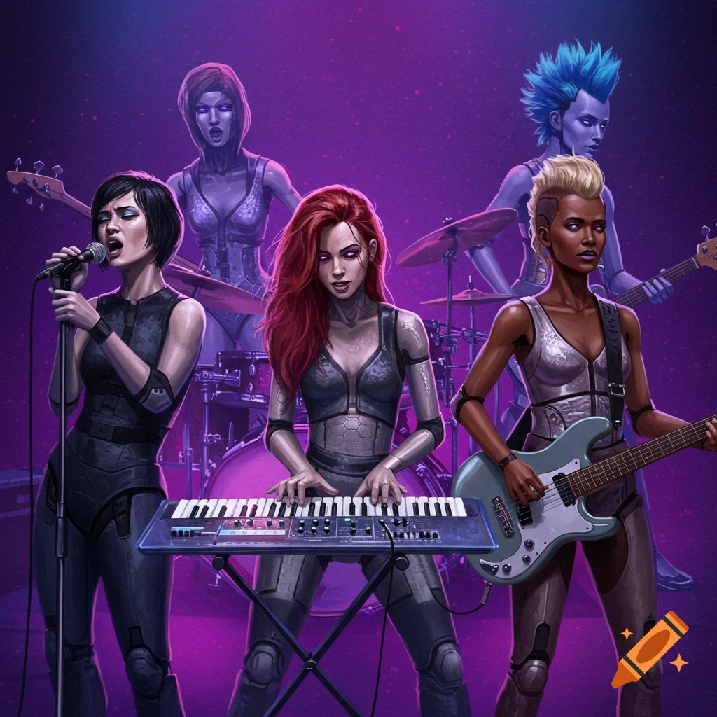 Photorealistic all-female android progressive rock band performing on ...