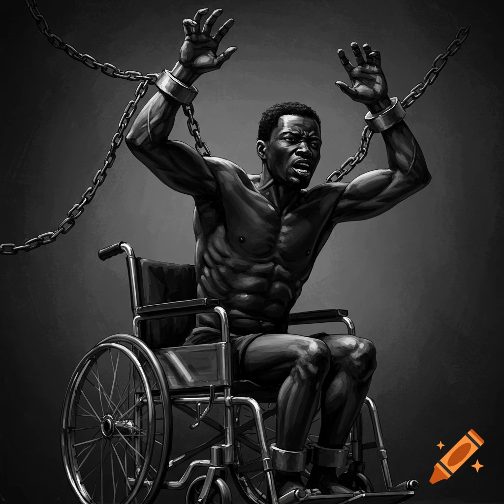 Black and white oil painting of a man shackled by a wheelchair on Craiyon