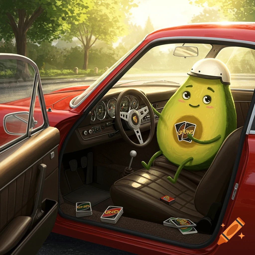 Avocado playing Uno in a Porsche, listening to Jazz on Craiyon