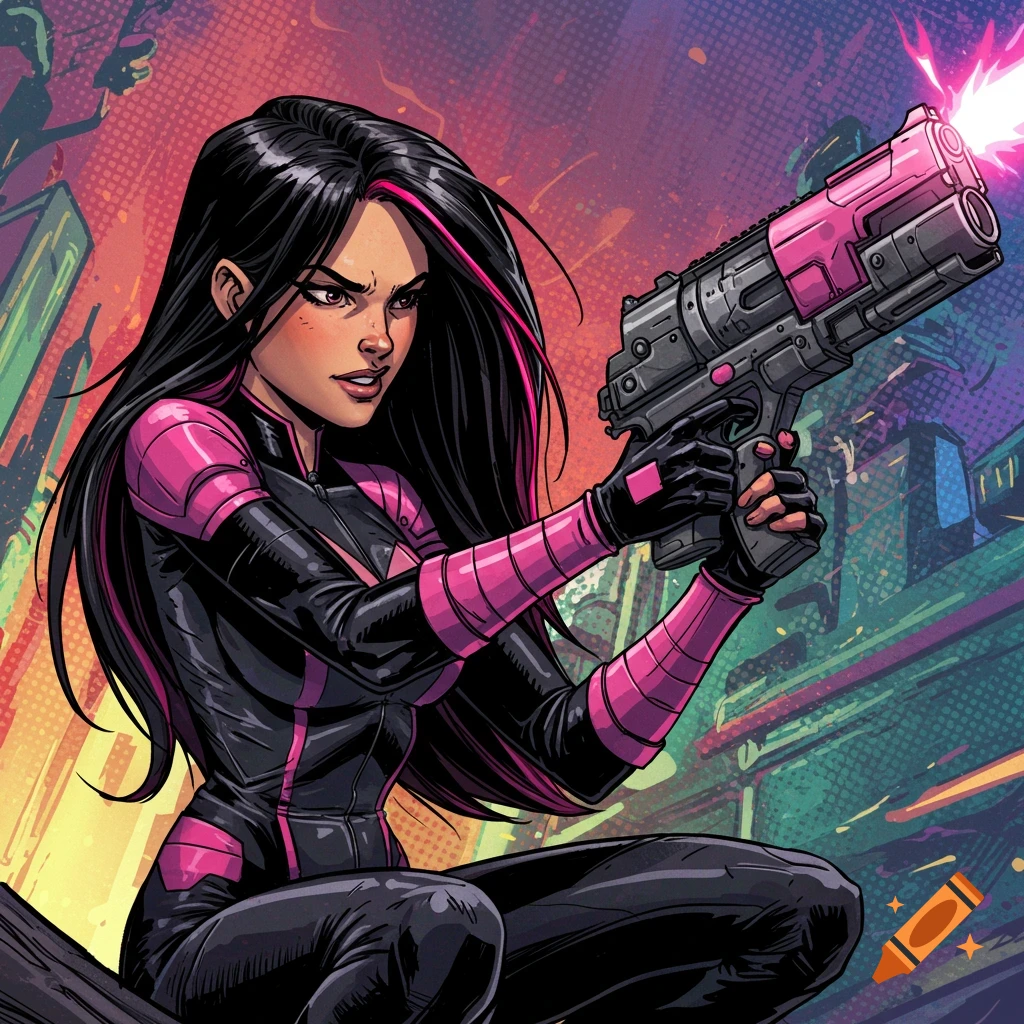 Comic book illustration of a female superhero with black hair and pink ...