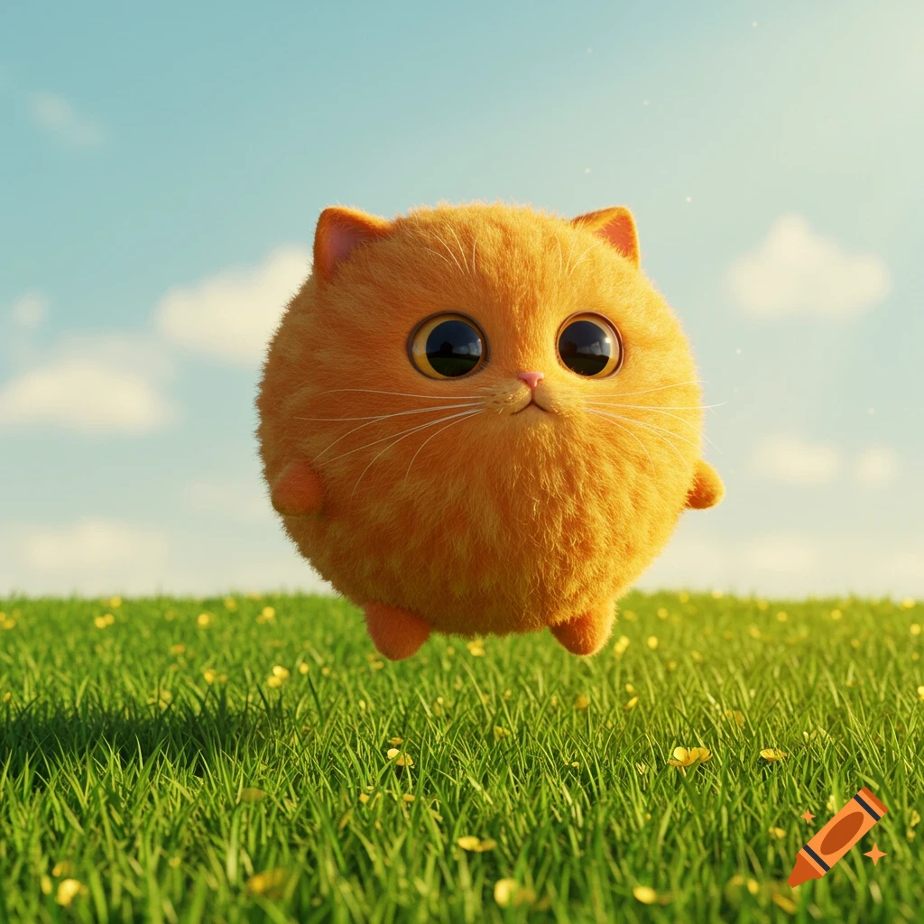 Orange spherical cat levitating above a grassy field on Craiyon