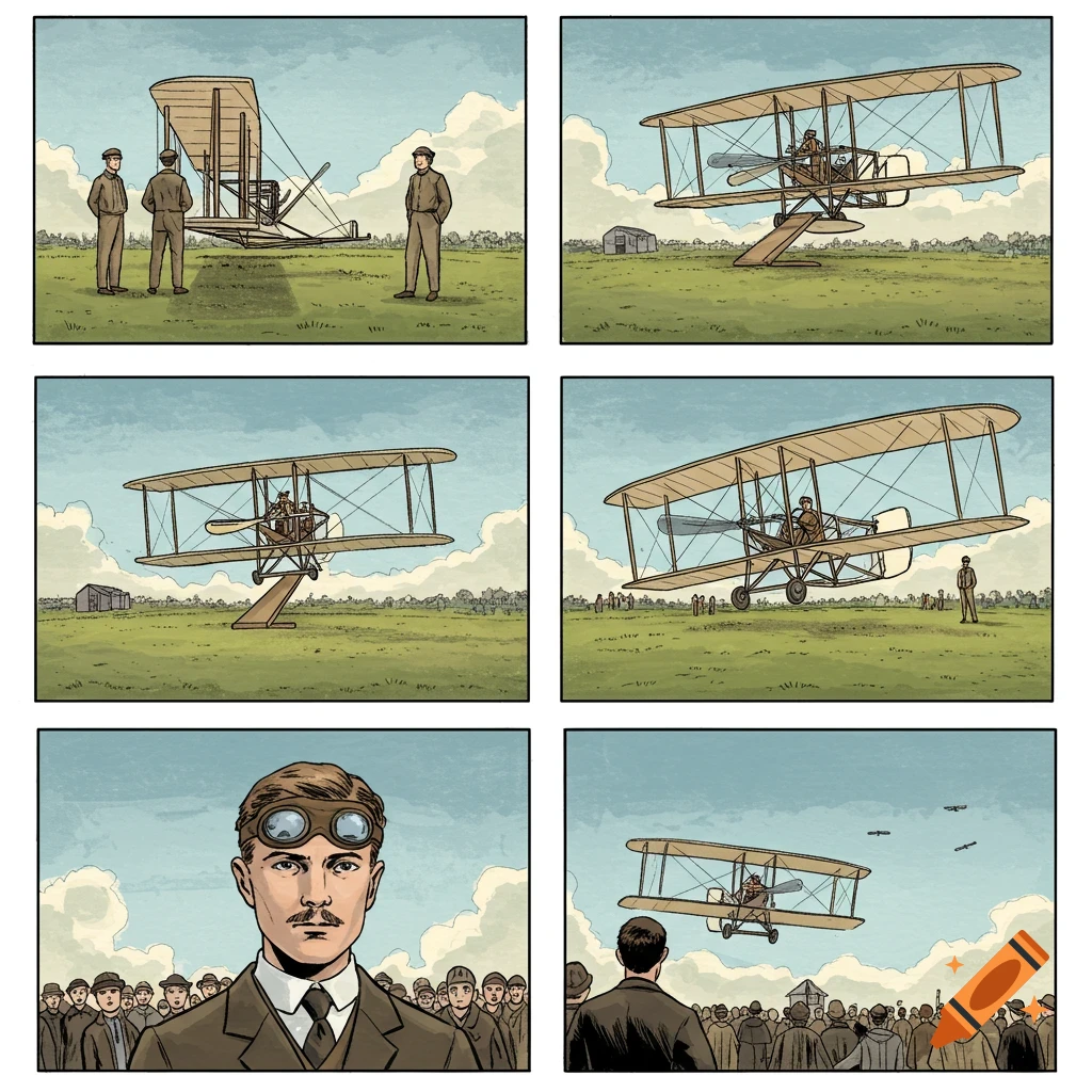 Six-panel comic strip illustrating the Wright brothers' first airplane ...
