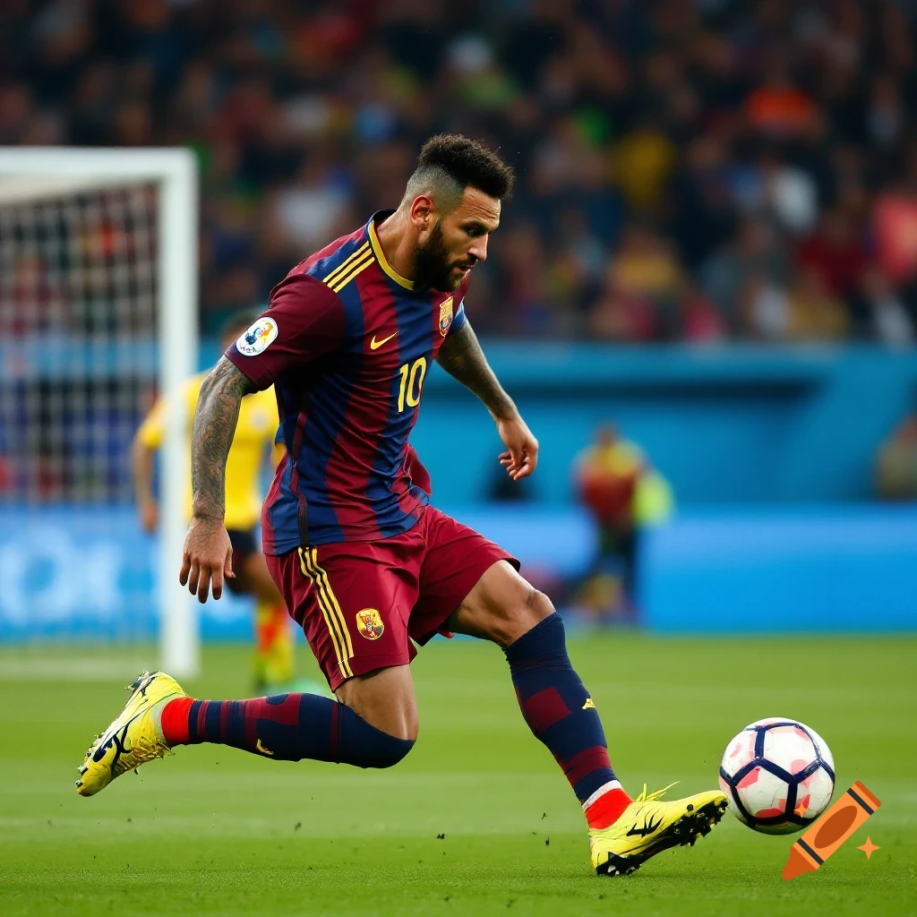 A soccer player in a red and blue jersey kicks a ball during a match ...