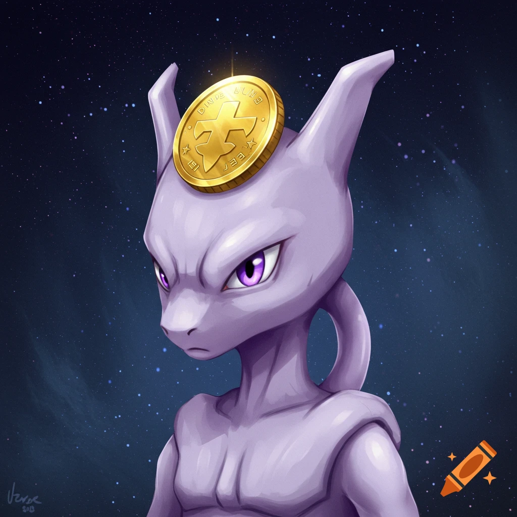 Pokemon resembling Mewtwo with coin on head on Craiyon