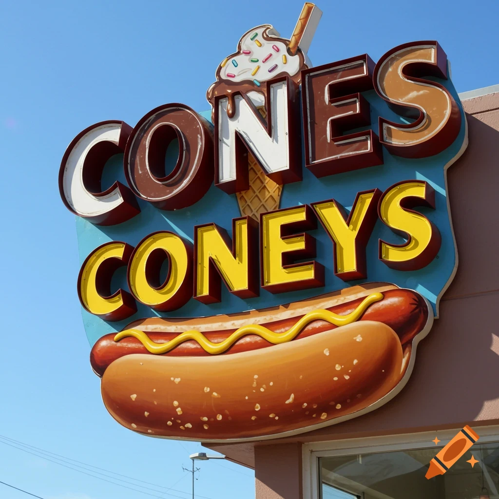 Cones & Coneys restaurant sign with ice cream cone and hot dog ...