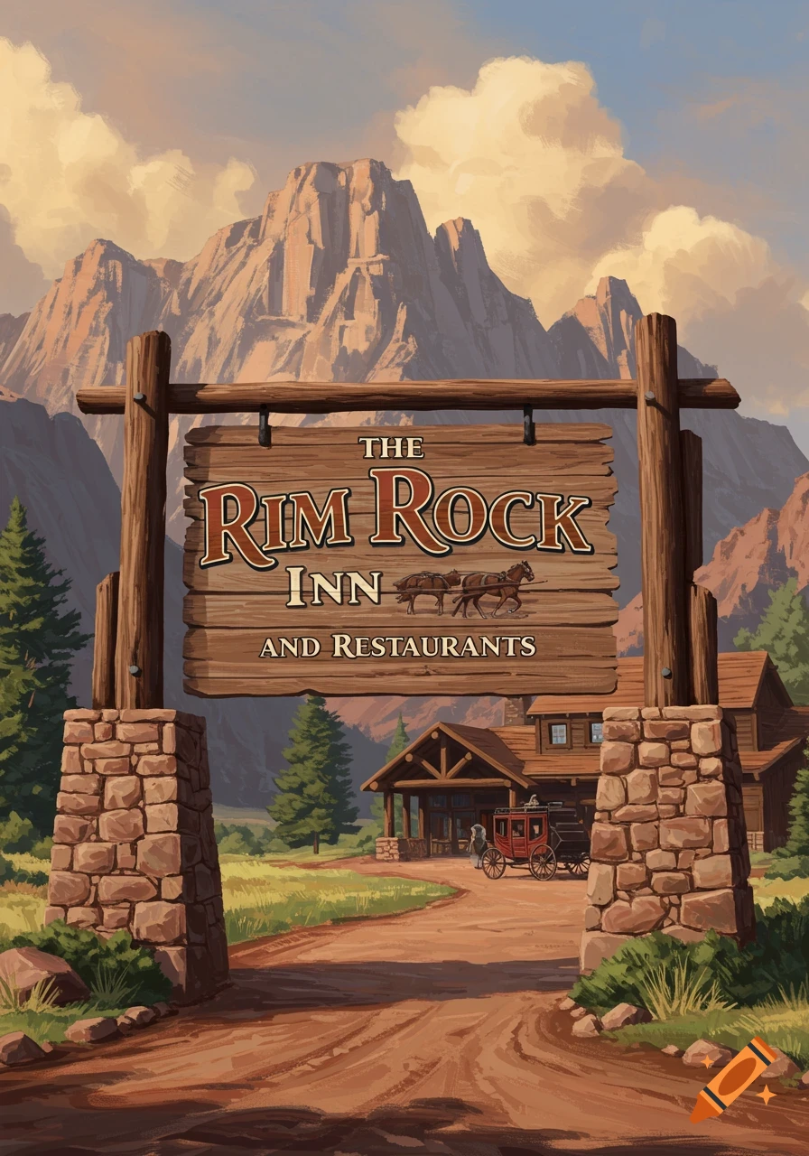 A painted sign for The Rim Rock Inn and Restaurants in front of a lodge ...