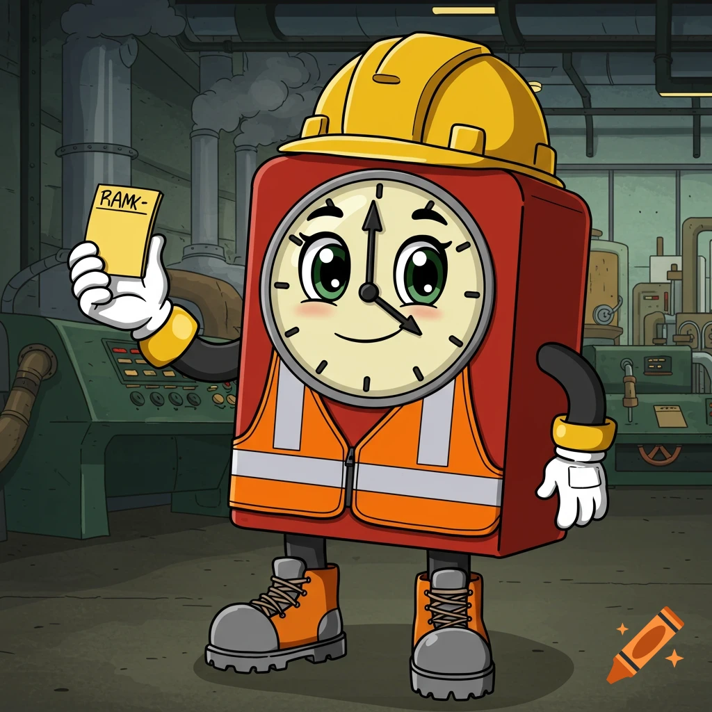 Cartoon anthropomorphic clock character wearing a hard hat, safety vest ...