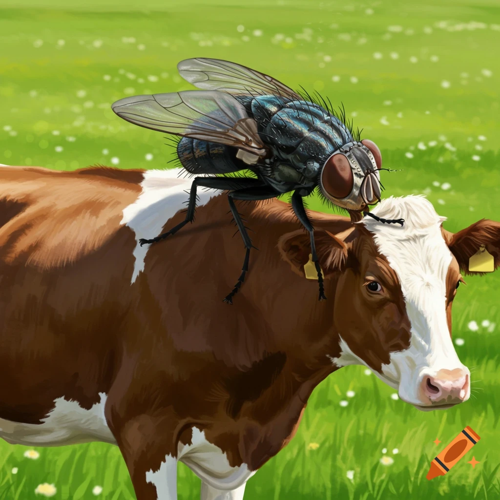 Illustration of a large house fly perched on a cow's head in a grassy ...