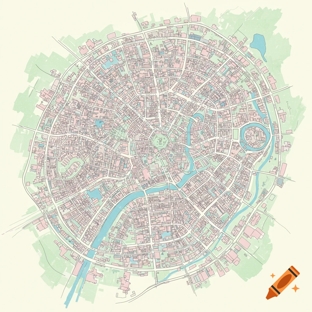A stylized map of a circular city with streets forming concentric ...