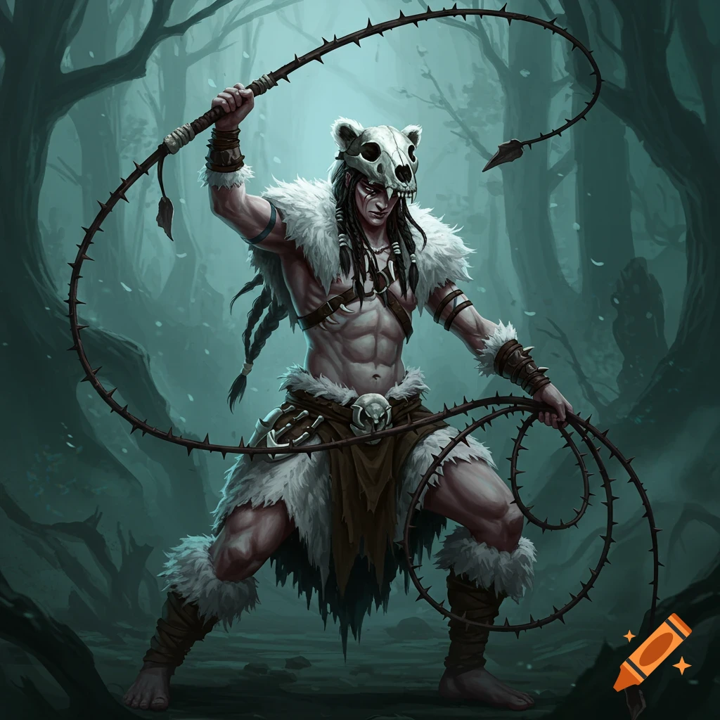 A fantasy barbarian with a bear skull mask, furs, and thorny whips ...