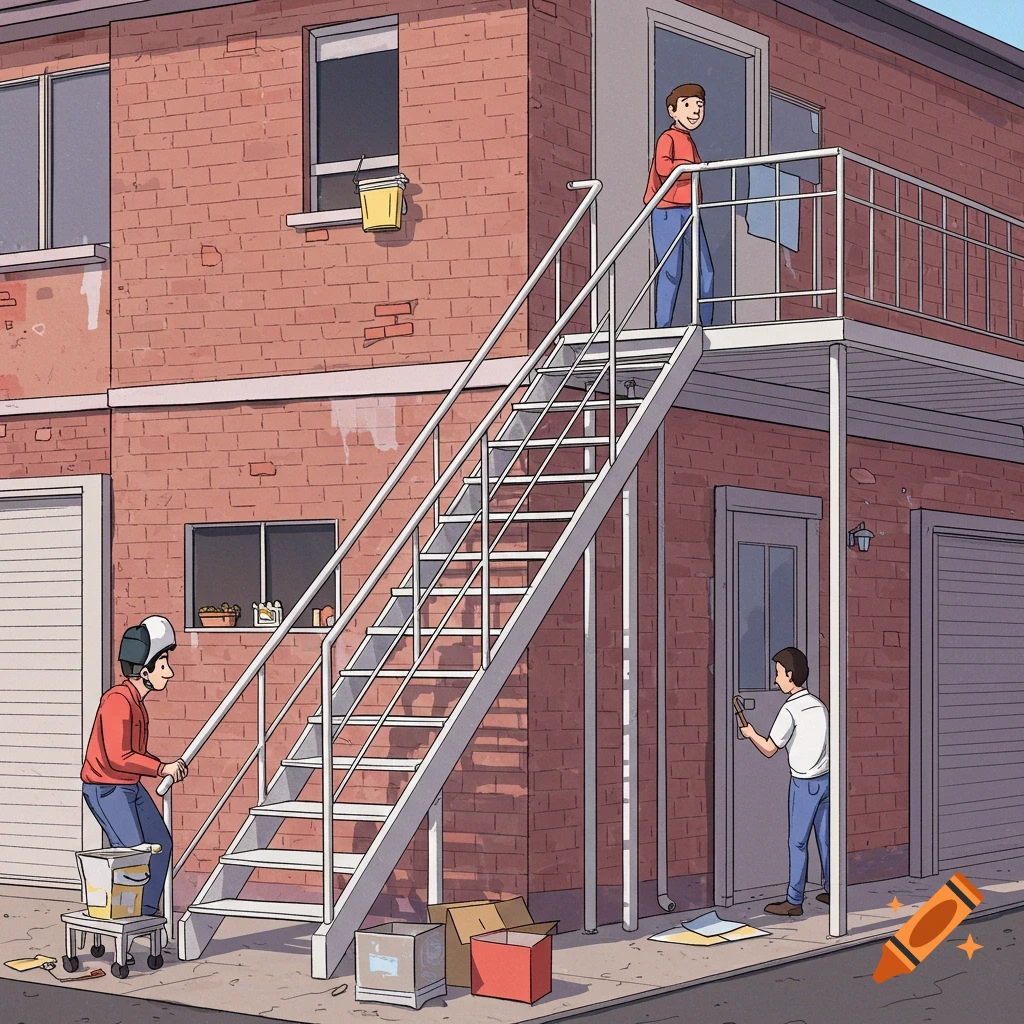 Cartoon image of people painting metal stairs on a brick building. on ...