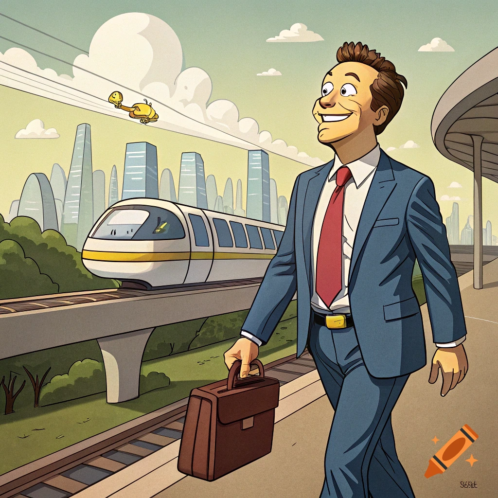 Elon Musk dressed as the Monorail guy from The Simpsons on Craiyon