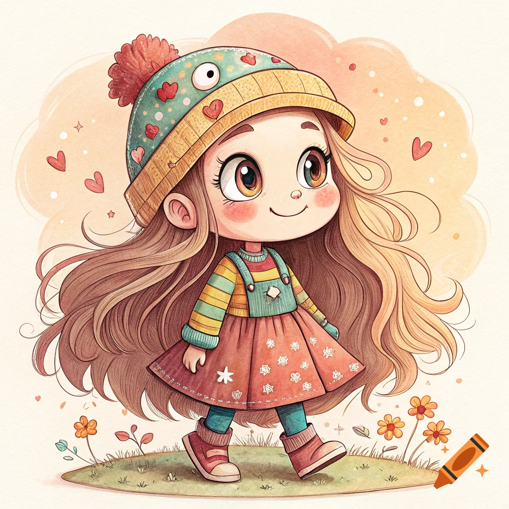Cute cartoon girl with long hair and colorful hat walking in a field ...
