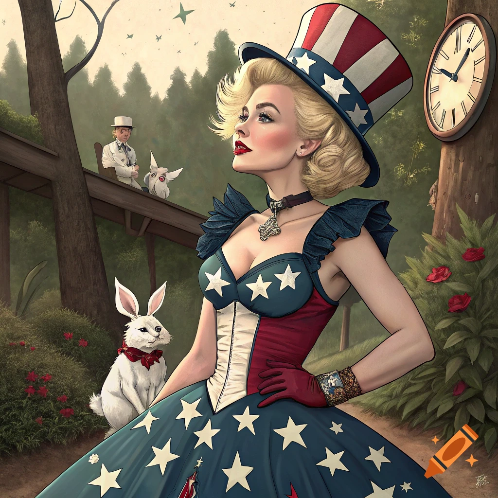Marilyn Monroe punk rocker Mad Hatter style art with white rabbit and pocket watch on Craiyon