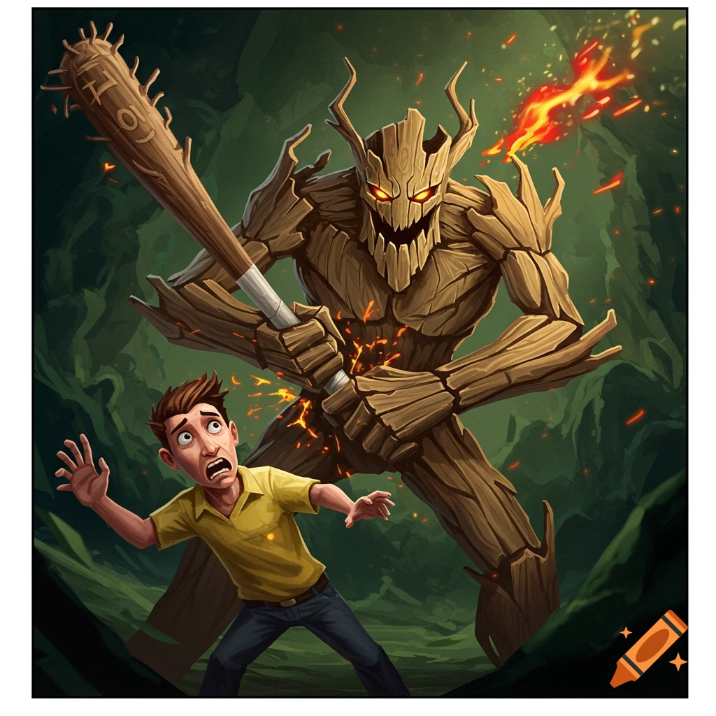 Cartoon illustration of a wooden monster with glowing eyes swinging a ...