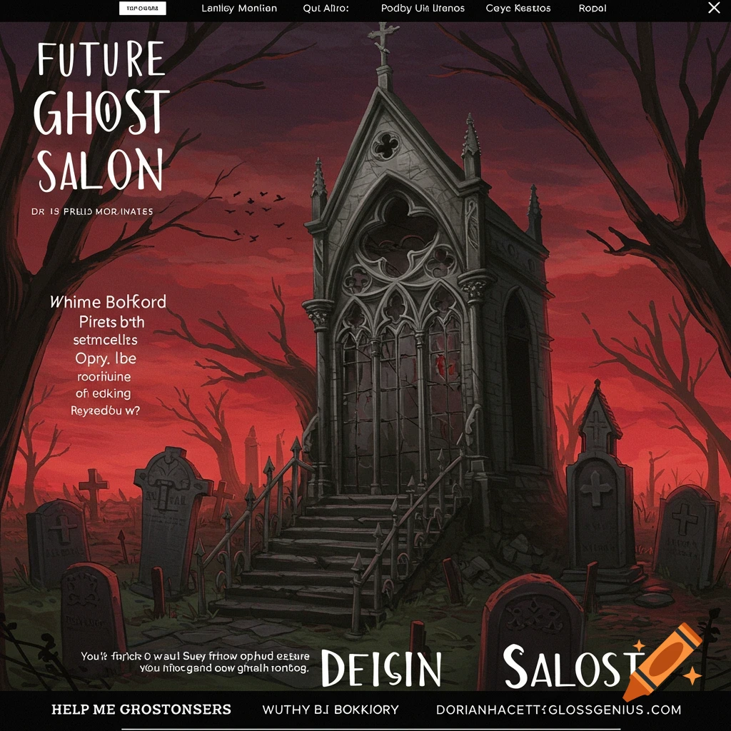 Future Ghost Salon ad featuring crumbling graveyard architecture on Craiyon