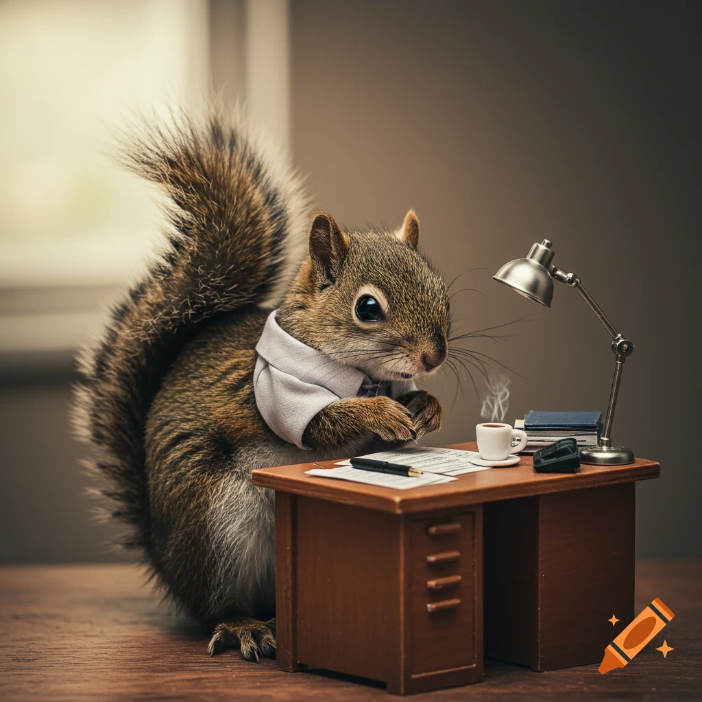 Cute squirrel cartoon in shirt at desk with coffee on Craiyon