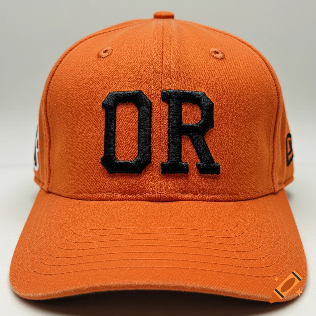 An orange baseball cap with the letters DR in black on the front. on ...