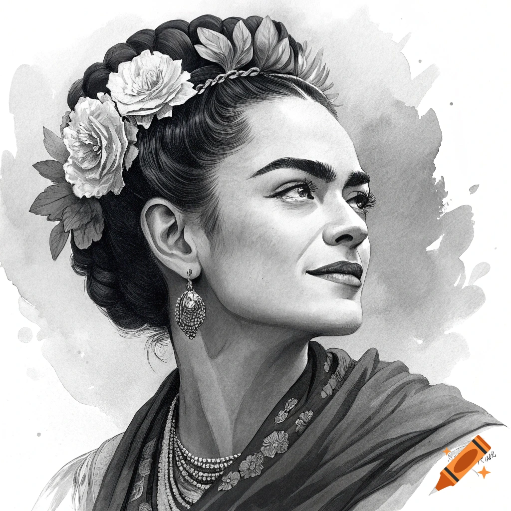 Black and white portrait of Frida Kahlo with braided hair and flowers ...
