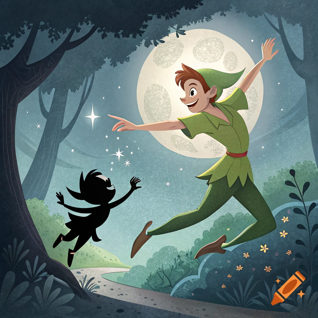 Cartoon illustration of Peter Pan flying with his shadow in a forest at ...