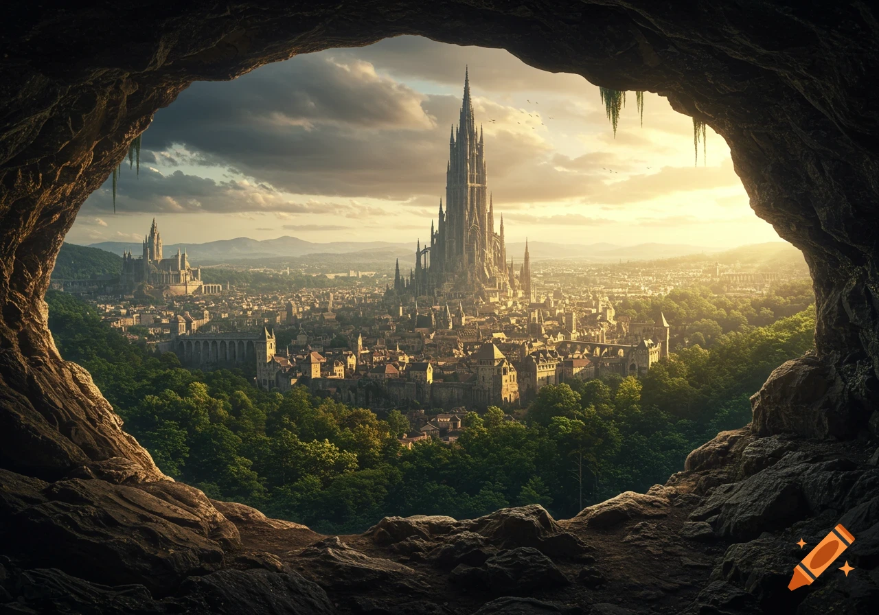 View from a cave of a massive city in a medieval fantasy world with a ...