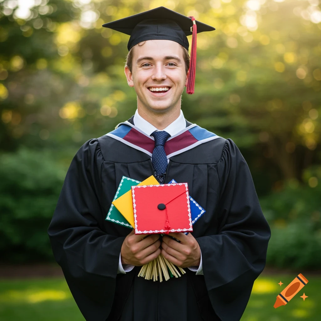 Graduation photo of young man wearing multiple mortarboards on Craiyon