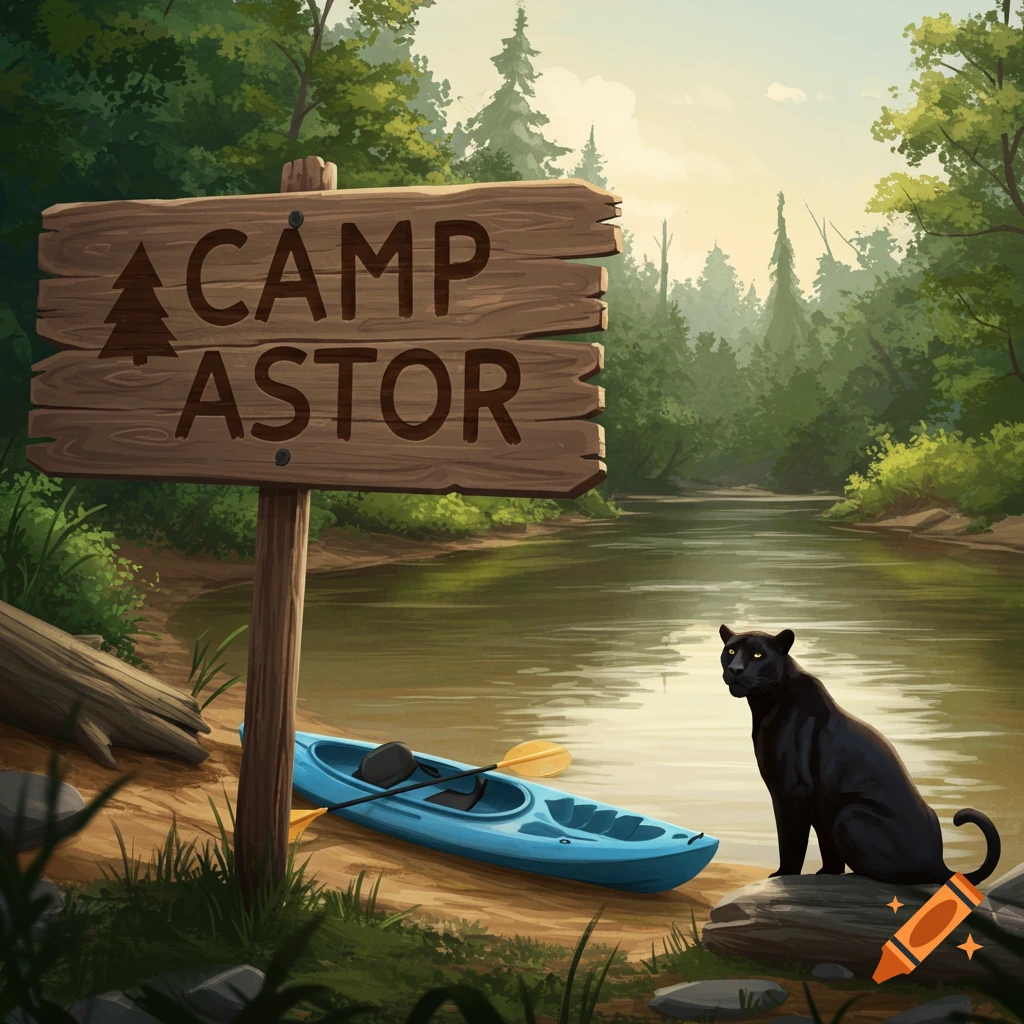 Illustration of a "Camp Astor" sign by a river with a kayak and a black ...